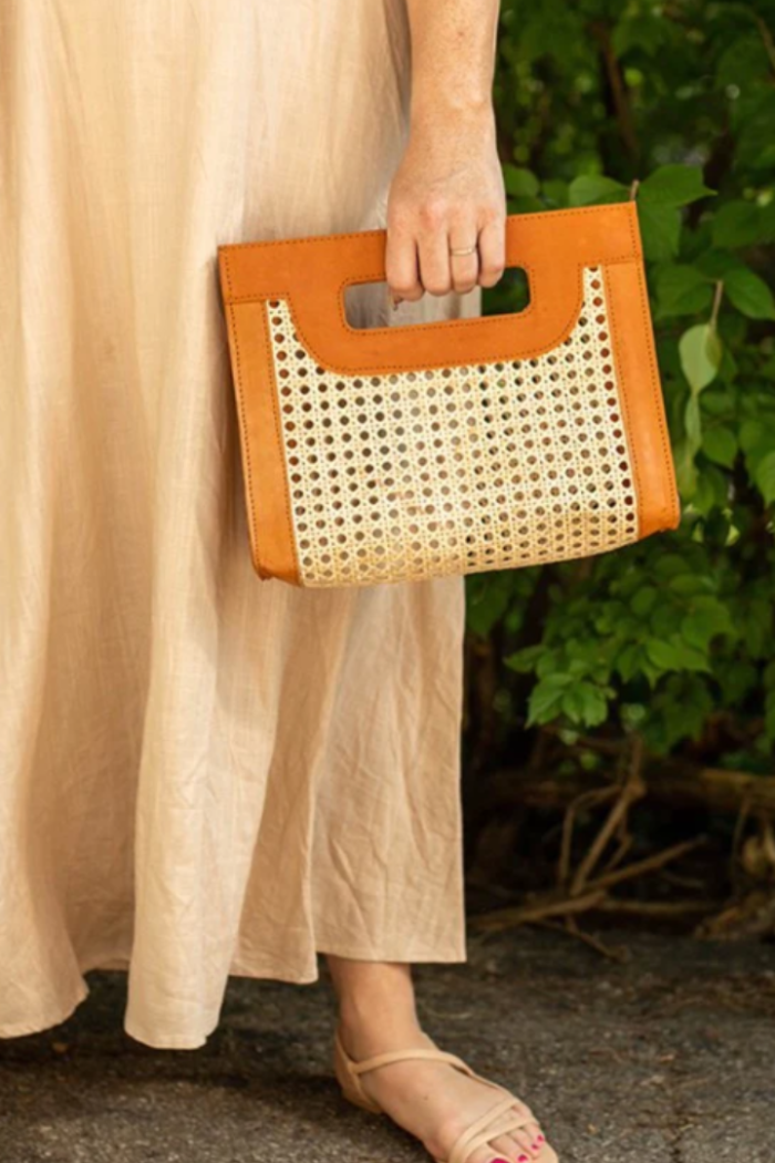 Natural Rattan Cane Webbing and Leather Handbag | We Are Women Owned